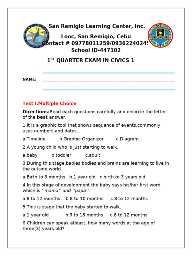 Civics 1 First Quarter Exam Guide | PDF | Cognition | Cognitive Science