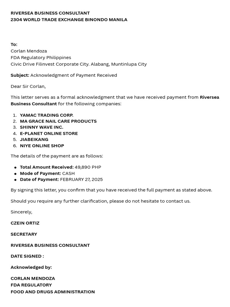 Receipt Letter For FDA | PDF