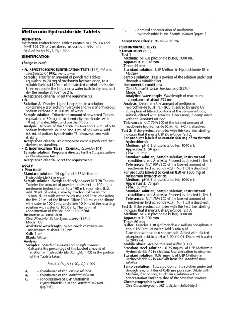 Metformin Hydrochloride Tablet Standards | PDF | Chromatography ...