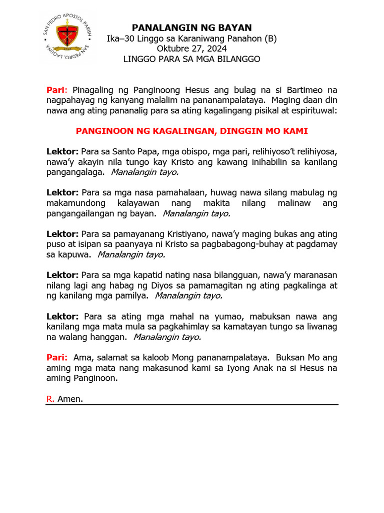 Panalangin NG Bayan 27 Oktubre 2024 30KP | PDF
