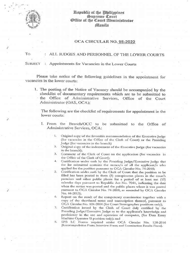 OCA CIRCULARS Pertaining To Processing of Appointment | PDF