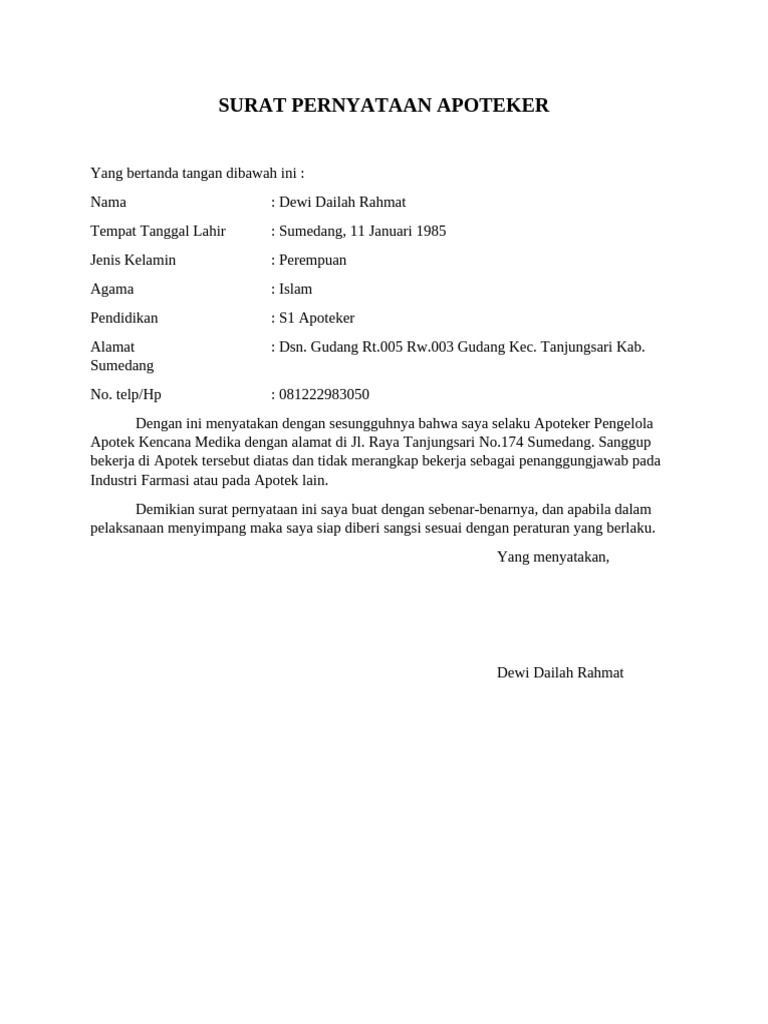 Surat Pernyataan Apoteker | PDF