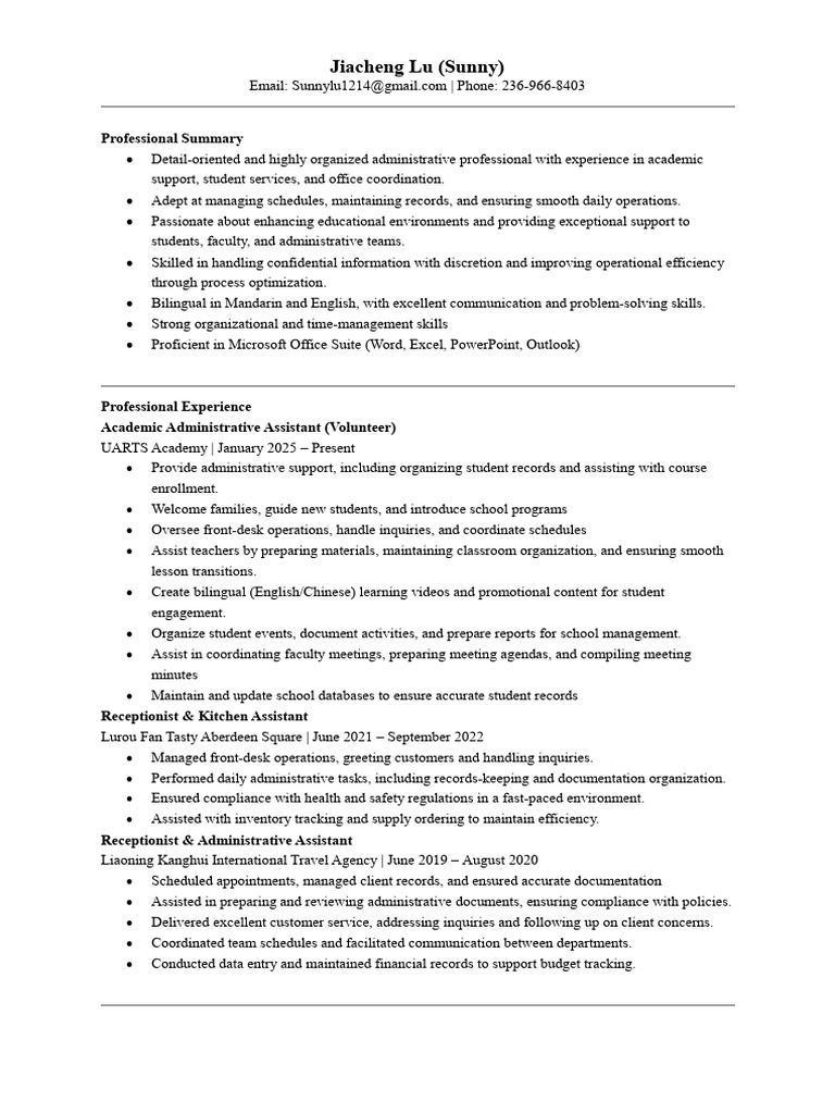 Jiacheng Lu: Administrative Professional | PDF | Microsoft Office
