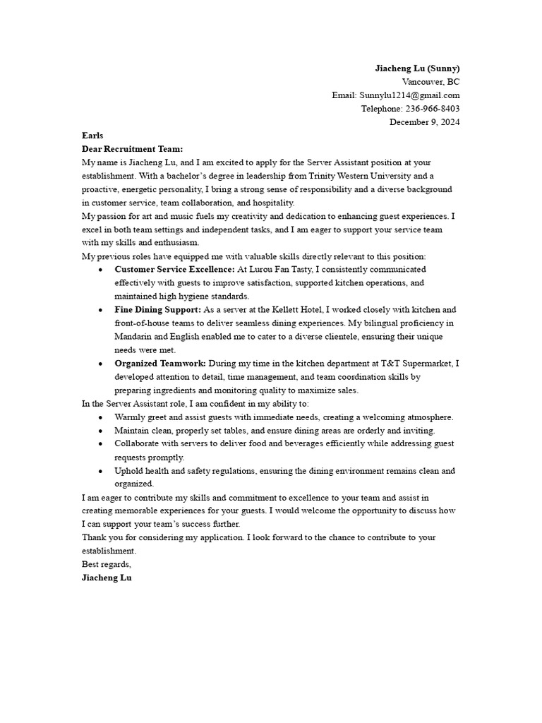 Jiacheng Lu Cover Letter For Earls | PDF | Business