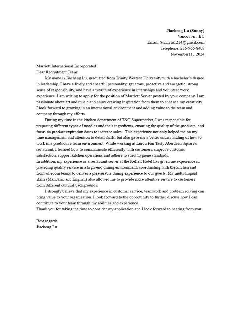 Cover Letter Jiacheng Lu | PDF