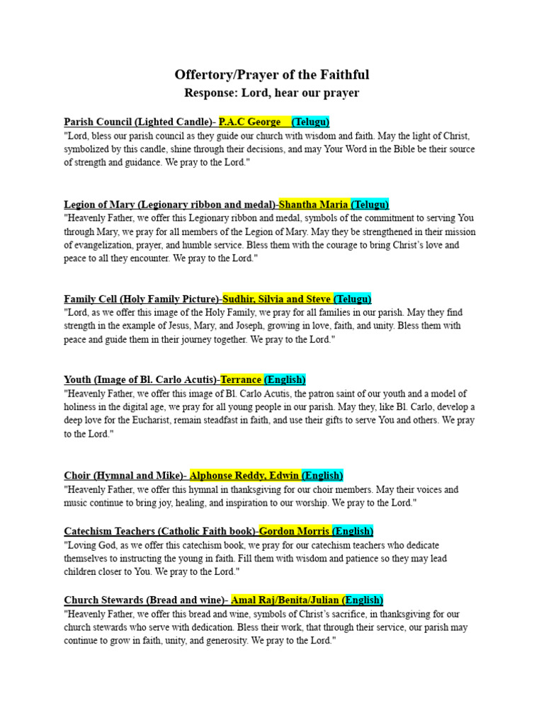 Offertory - Prayer of The Faithful | PDF | Prayer | Eucharist