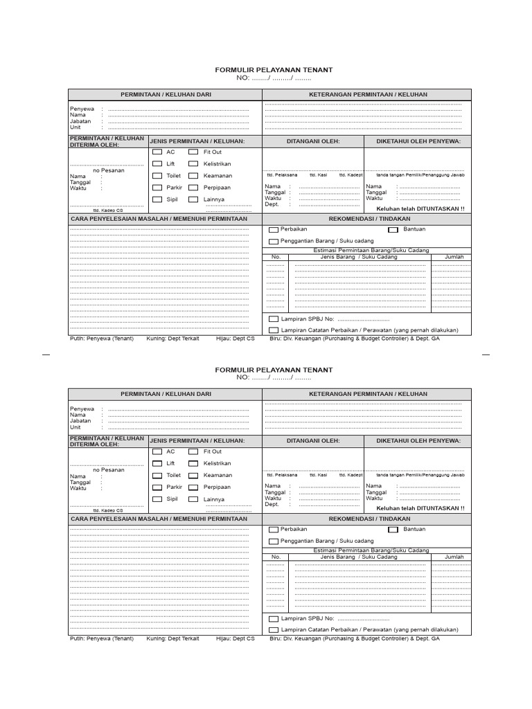 Formulir Pelayanan Tenant Rev 2 Ctp Toko Pdf