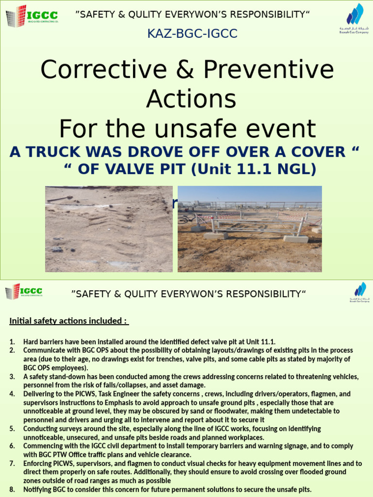 Corrective & Preventive Actions For The Unsafe Event A Truck Was Drove ...