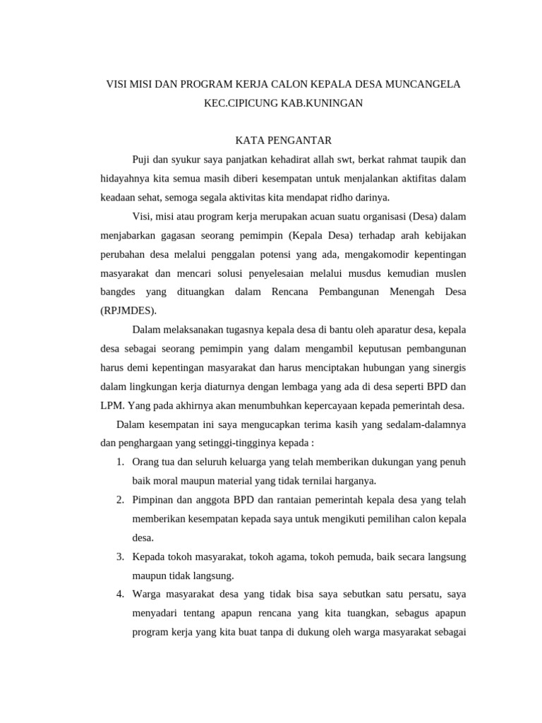 VISI MISI DAN PROGRAM KERJA CALON KEPALA DESA MUNCANGELA KEC | PDF