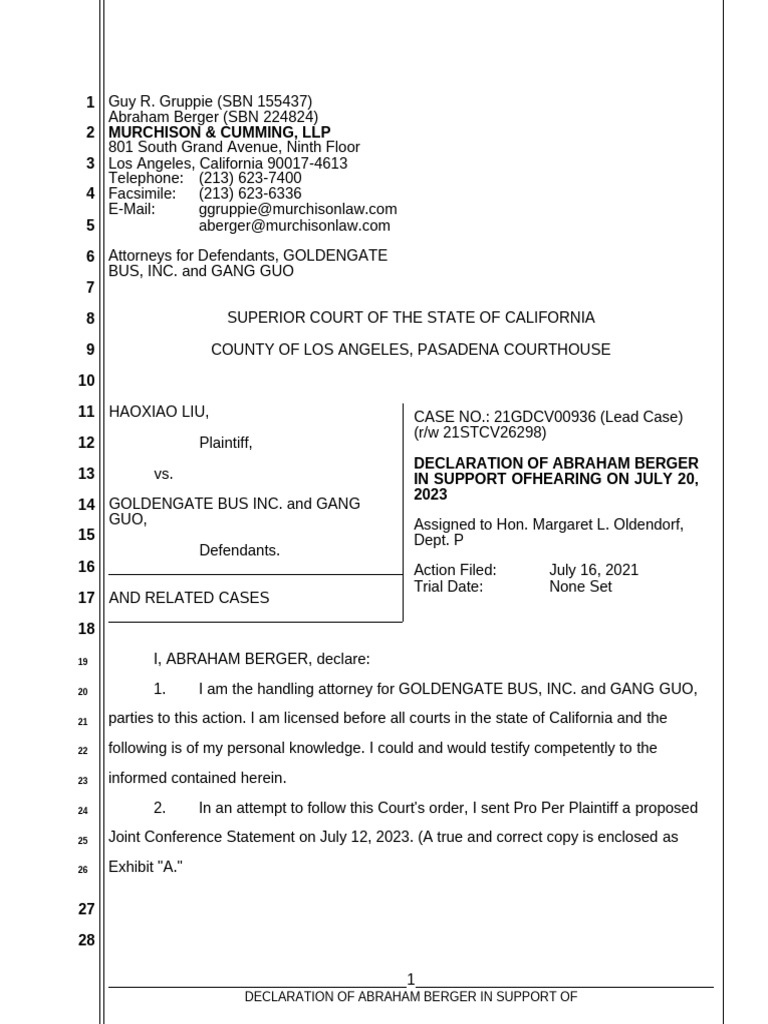 Berger Declaration for Liu v. Goldengate Bus | PDF | Demurrer | Damages