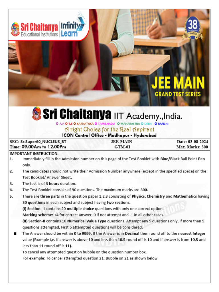 03 08 2024 SR - Super60 Nucleus BT Jee Main GTM 01 Q.paper | PDF ...