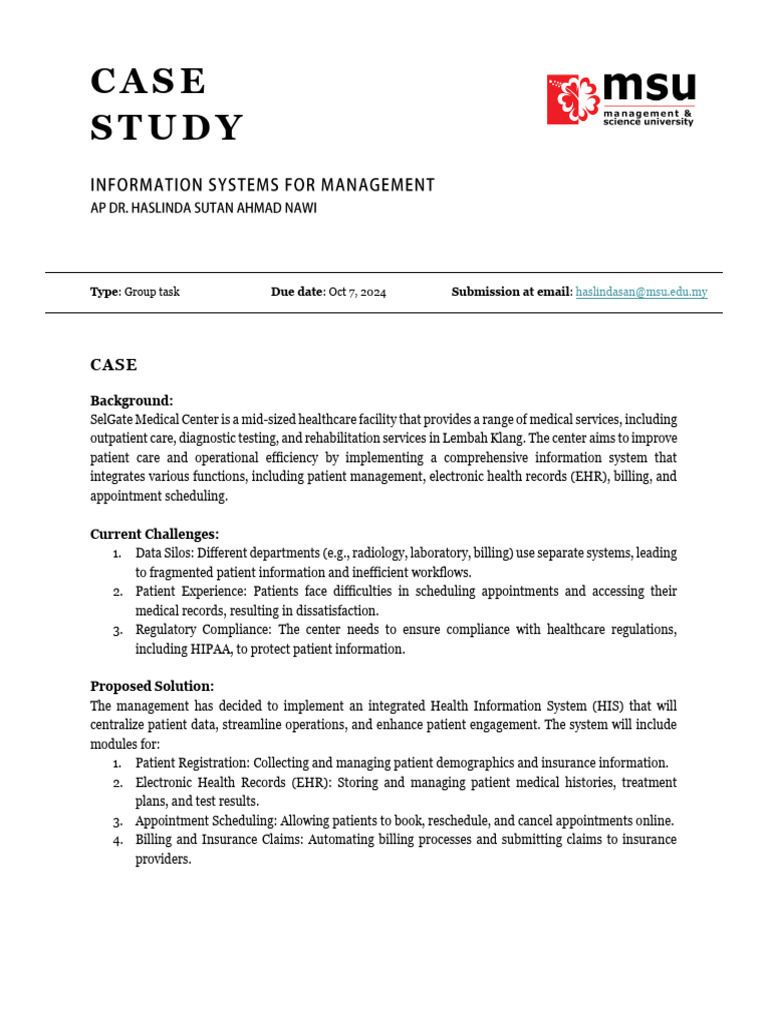Case Study Brief - SelGate Medical Centre | PDF | Electronic Health ...