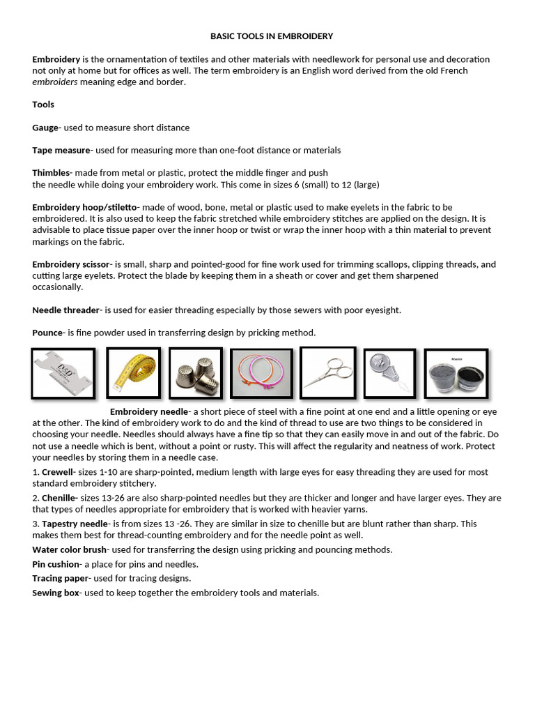 1-Basic Tools in Embroidery Handout | PDF | Embroidery | Yarn