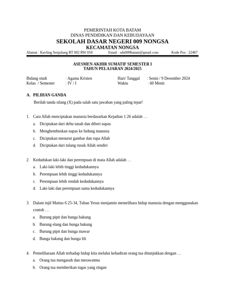 SOAL SAS AGAMA KELAS 4 | PDF