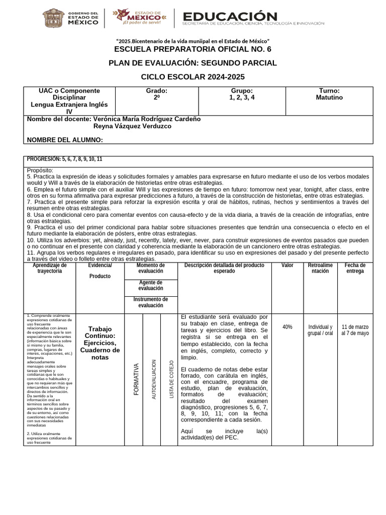 P6 Inglés Iv Plan de Evaluación Segundo P 2025 TM (2340) | PDF | Comunicación humana | Aprendizaje