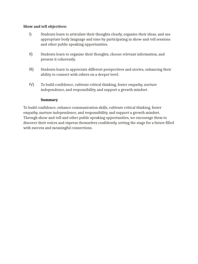 Show-and-Tell Learning Objectives | PDF