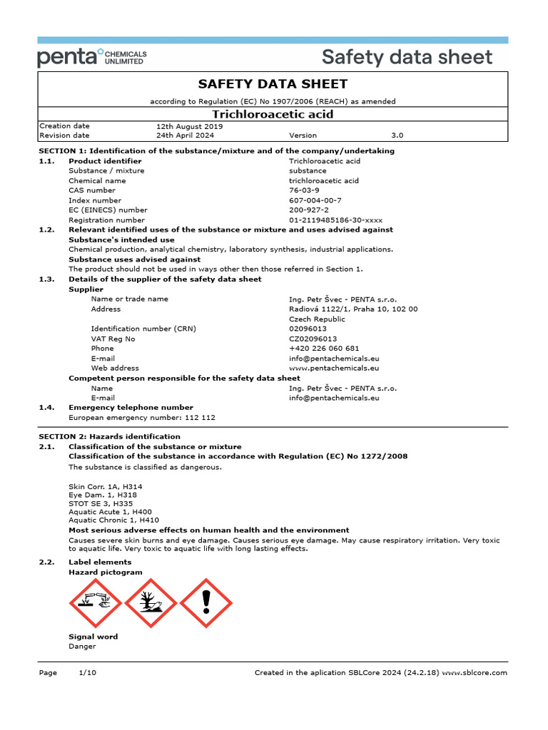 Trichloroacetic Acid Safety Data Sheet | PDF | Chemical Substances | Personal Protective Equipment