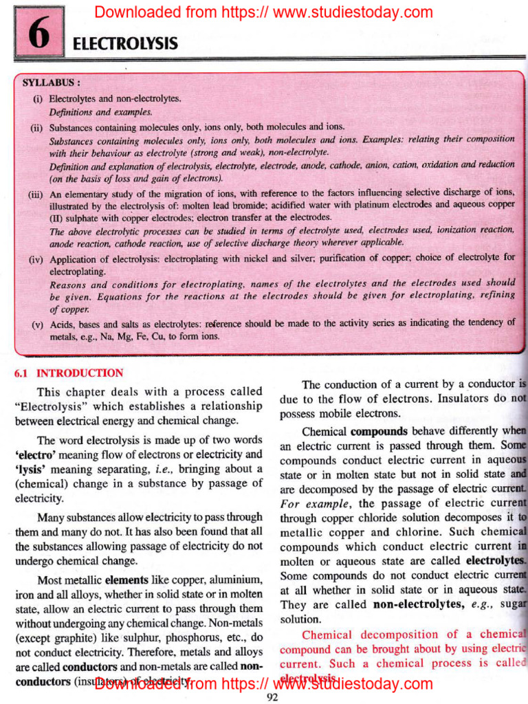 ICSE-Class-10-Chemistry-Chapter-06-Electrolysis | PDF