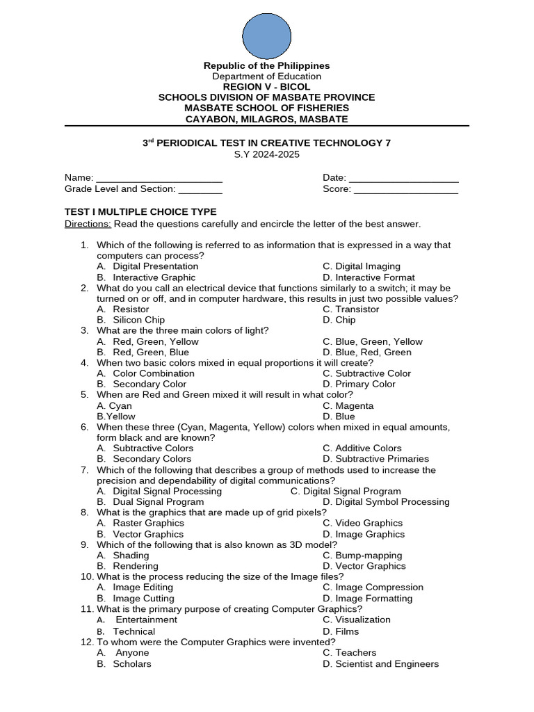 3rd PERIODICAL TEST | PDF | Computer Graphics | Color