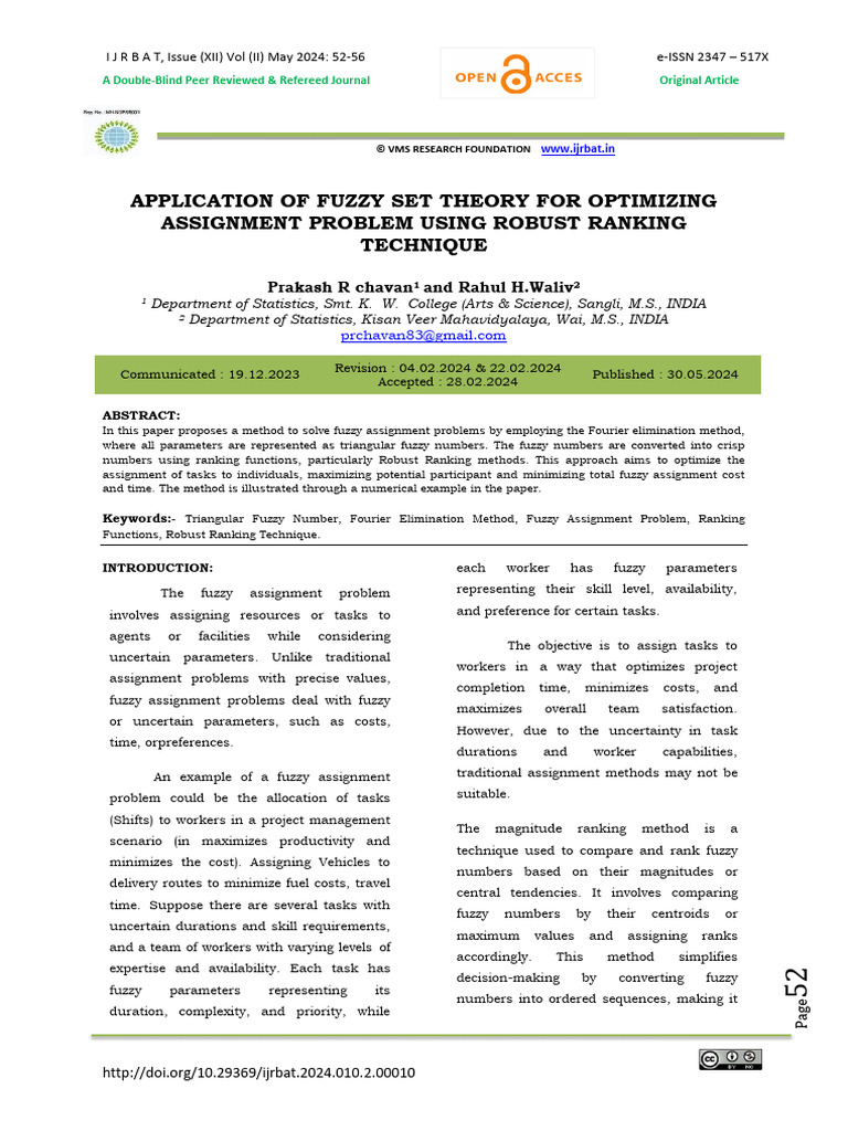 APPLICATION OF FUZZY SET THEORY FOR OPTIMIZING ASSIGNMENT PROBLEM USING ROBUST RANKING TECHNIQUE ...