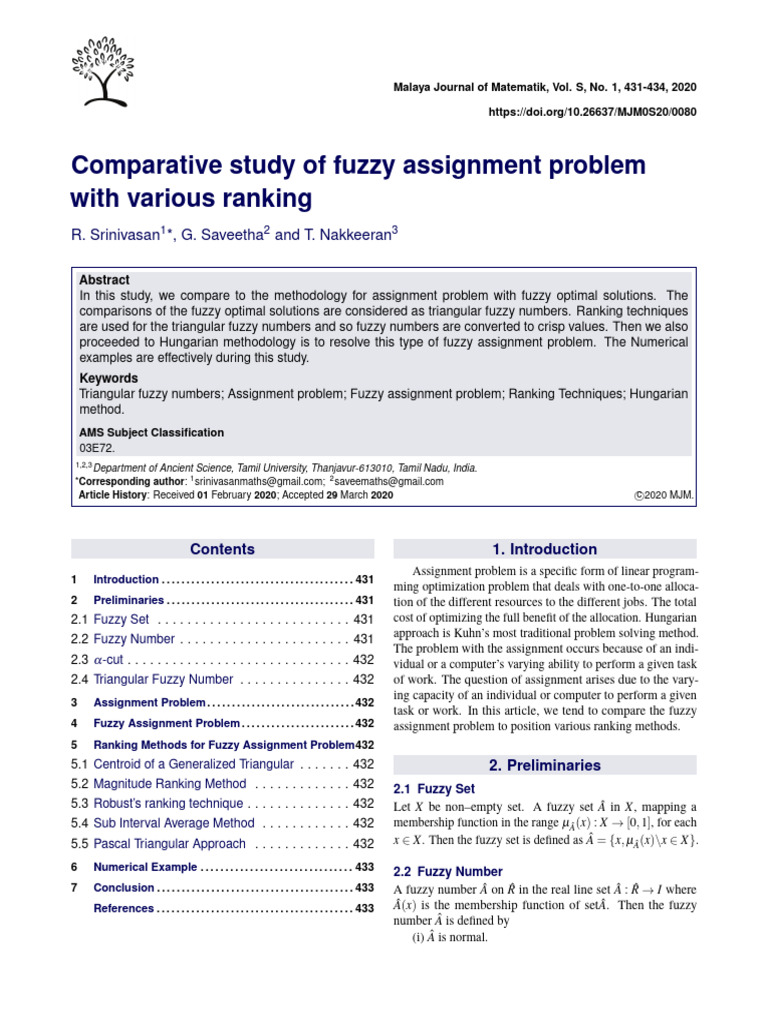 Comparative study of fuzzy assignment problem with various ranking | PDF | Mathematics Of ...