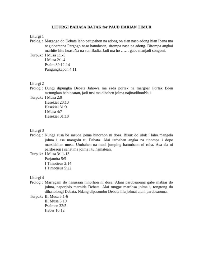 Liturgi Natal Bahasa Batak untuk PAUD | PDF