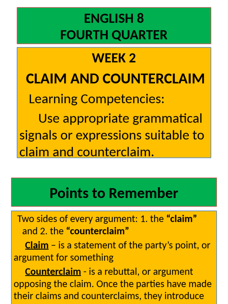 WEEK 2 - LESSON - ENG.8 - Claim and Counterclaim | PDF