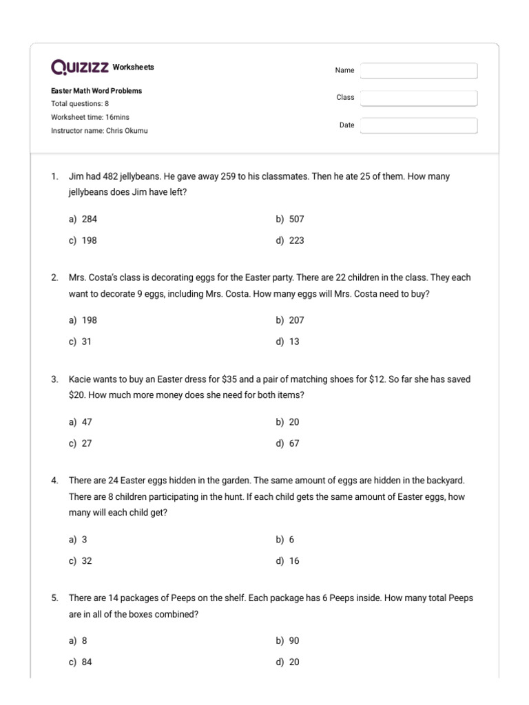 Math Word Problems (Holiday Assignment) - Quizizz | PDF | Candy