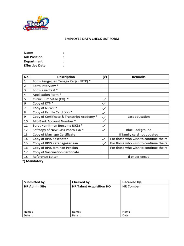 Pre-Employment Requirements Checklist | PDF