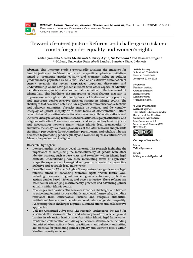 Towards feminist justice Reforms and challenges in islamic courts for ...