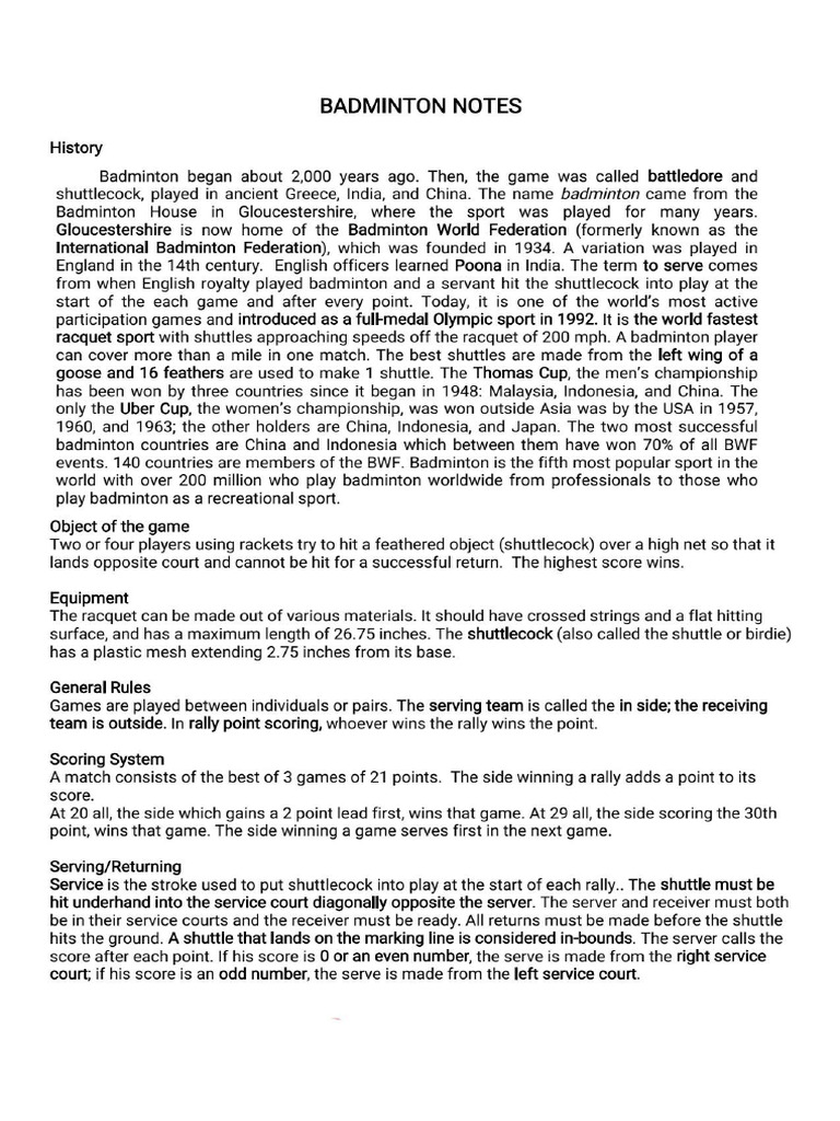 Badminton Notes | PDF