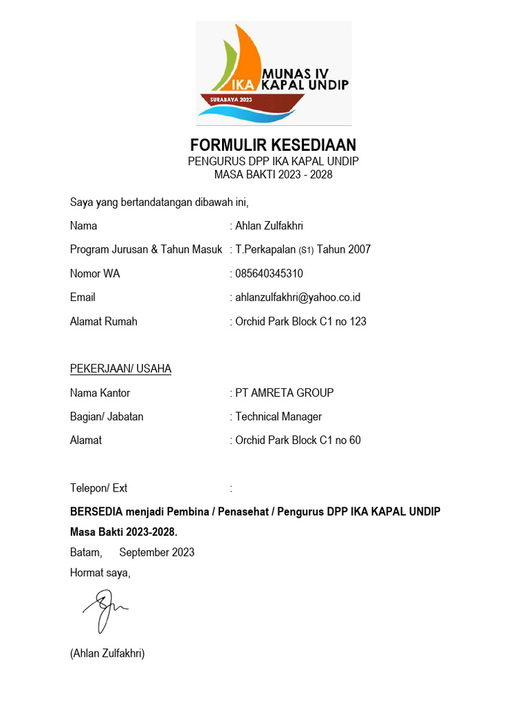 REV.01-FORM-Surat KESEDIAAN PENGURUS DPP IKA KAPAL 2023-2028 (1)-ahlan | PDF