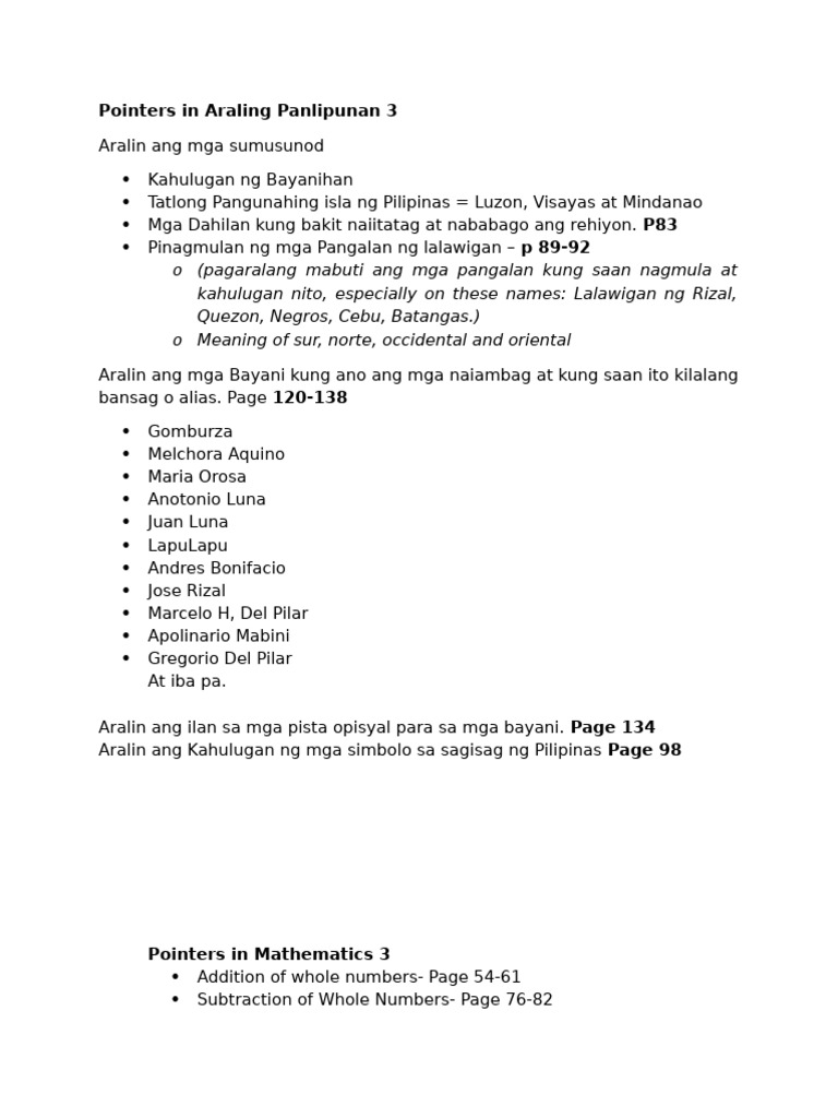 Pointers in Araling Panlipunan 3 and Mathematics 3 | PDF