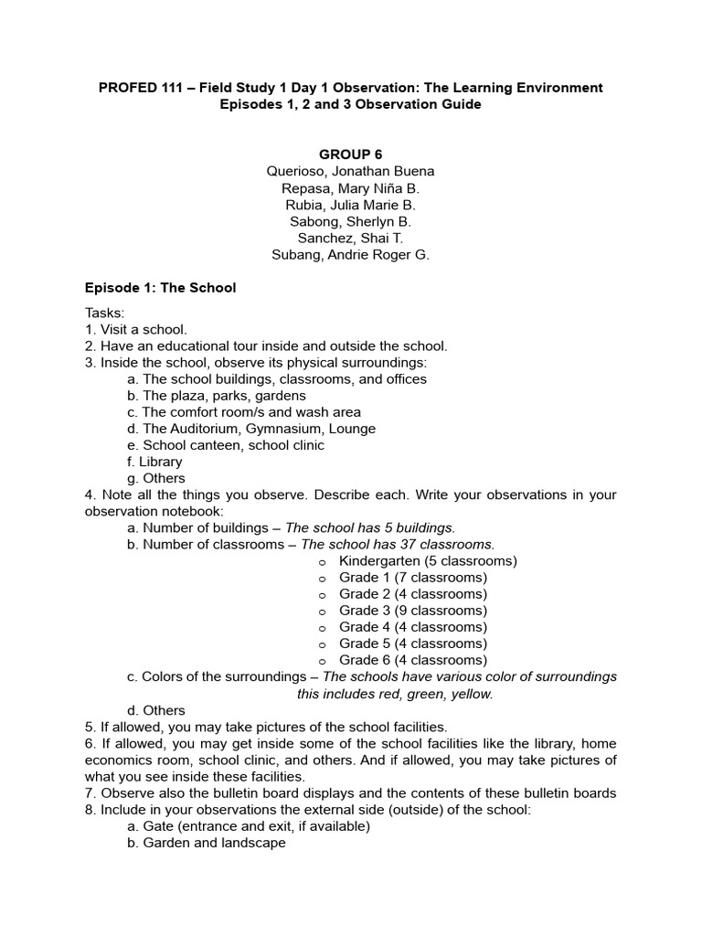 PROFED 111 Field Study 1 | PDF | Classroom | Learning