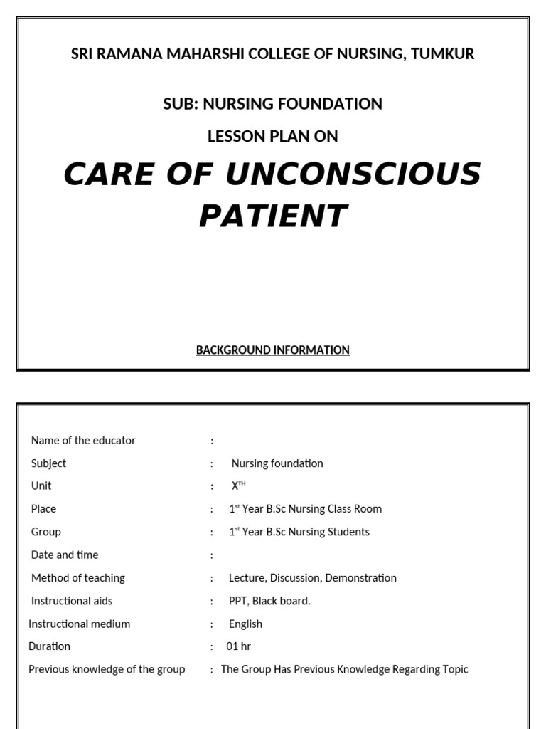 Lesson Plan: Care of Unconscious Patients | PDF | Coma | Diseases And ...