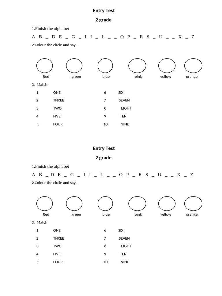 Entry Test Grade 2 | PDF
