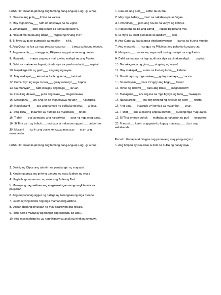 Pang-Angkop NG, Na G Activity | PDF