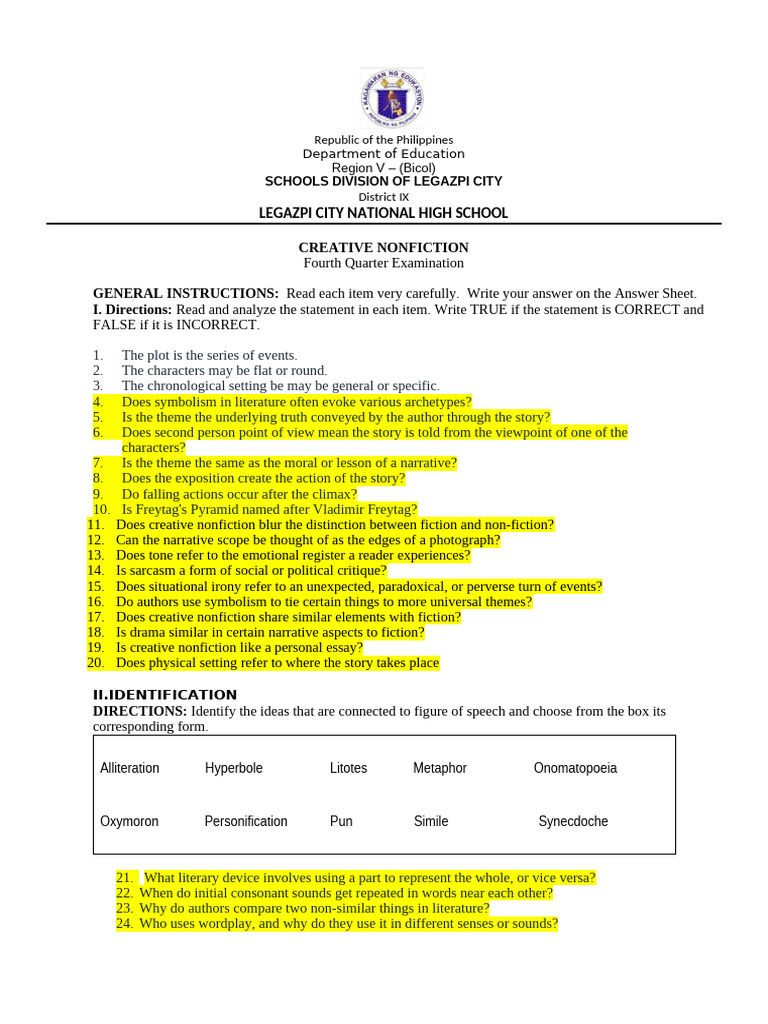 Creative Nonfiction Exam Guide | PDF | Narrative | Irony