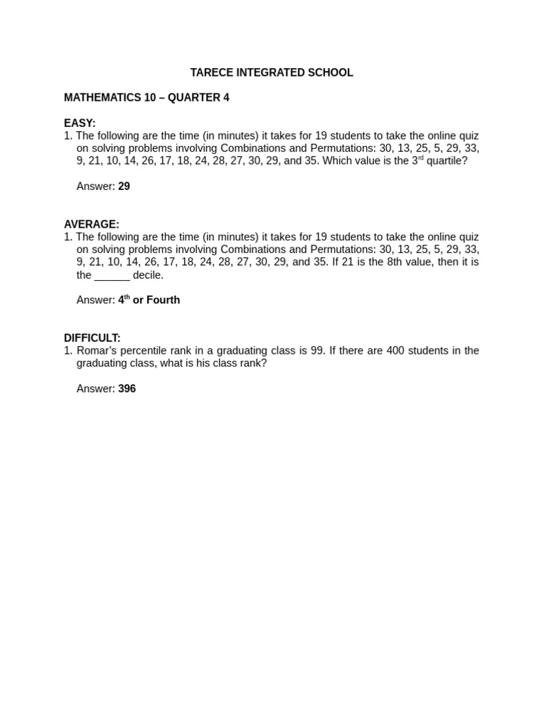 Math 10 Questions - Math Festival | PDF