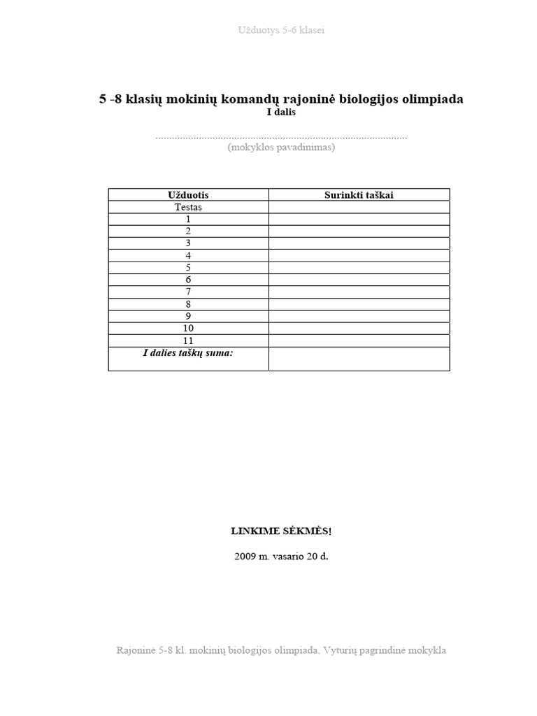 Biologijos Olimpiados 5-6 KL - Uzduotys 2009 | PDF