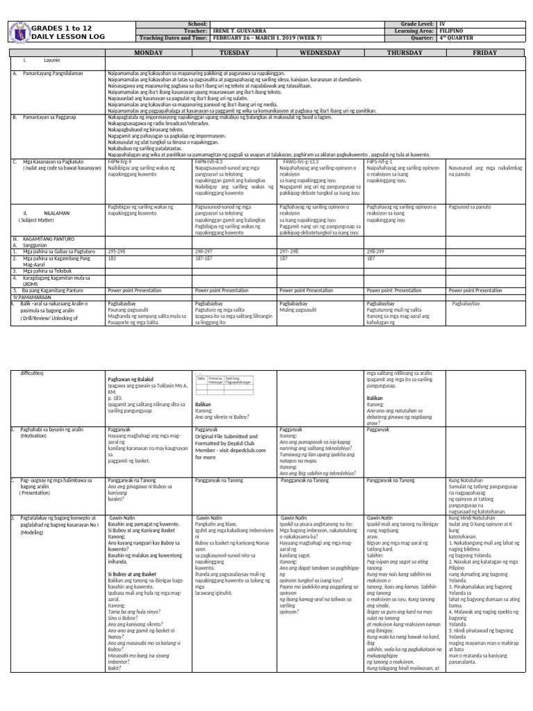 DLL - Filipino 4 - Q4 - W7 | PDF