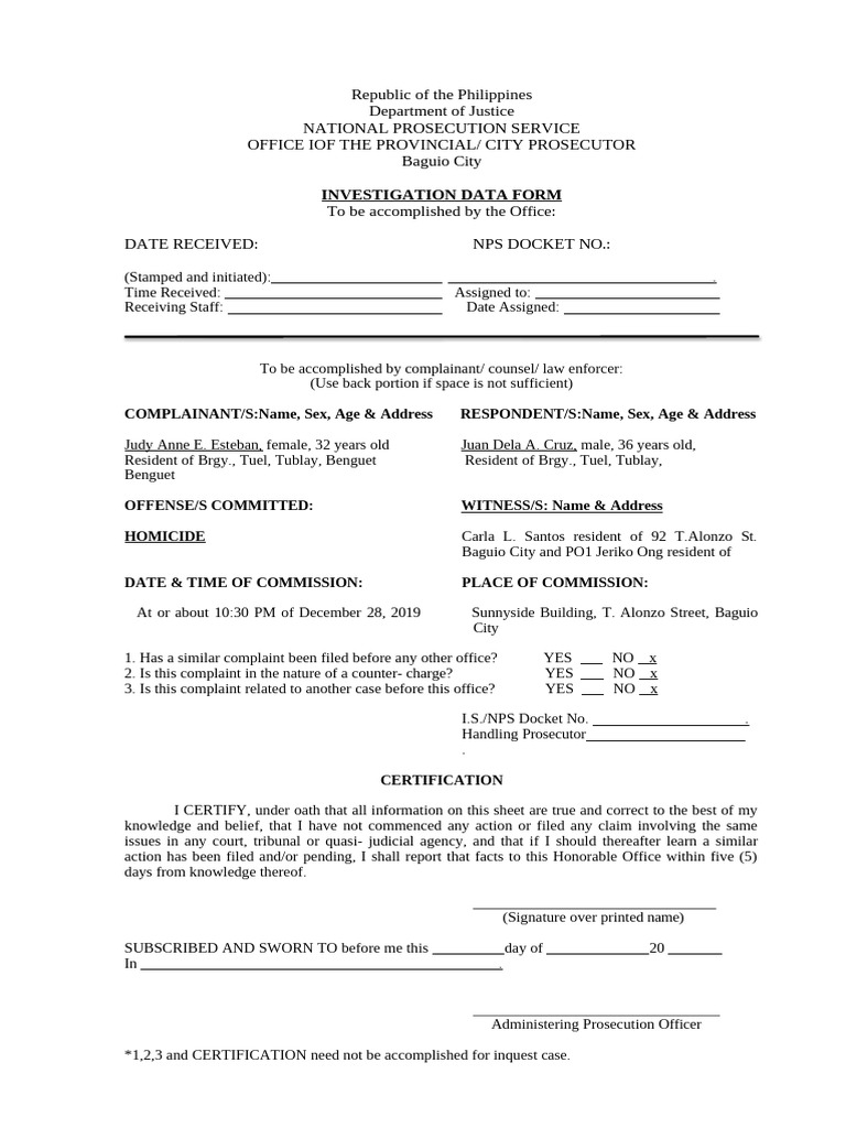 Investigation Form Template | PDF | Prosecutor | Crimes