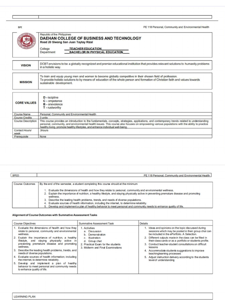 HED1-Personal, Community and Environmental Health-SYLLABUS | PDF