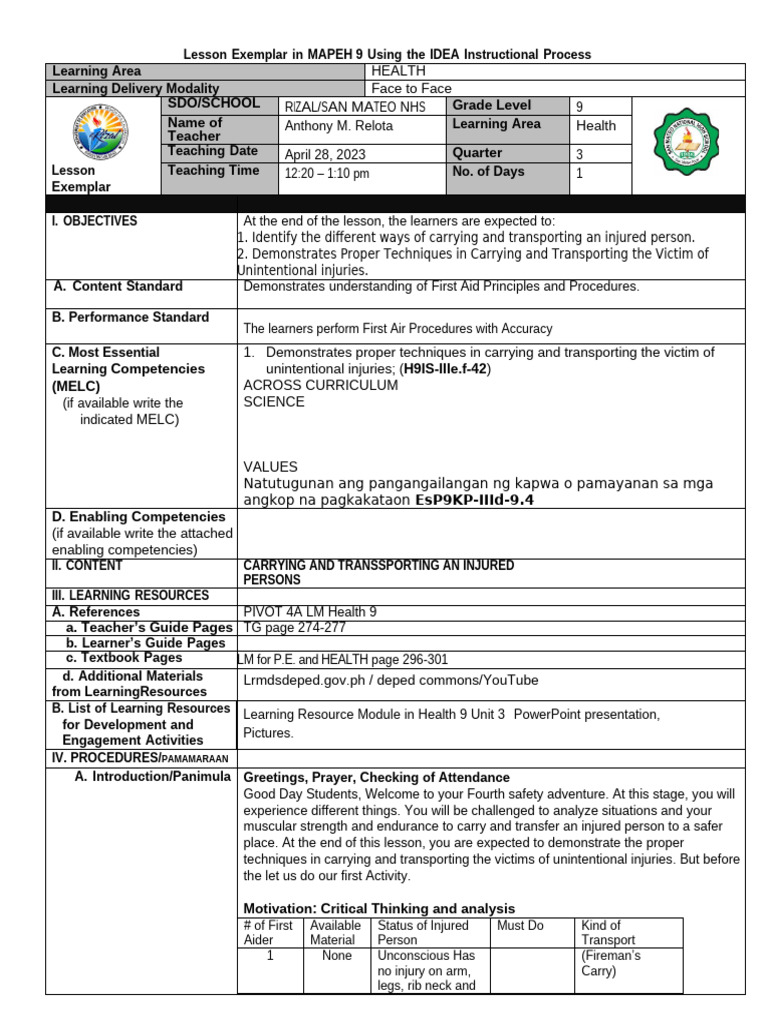 LE_MAPEH9_PE-COT1-Relota_Anthony | PDF | Learning