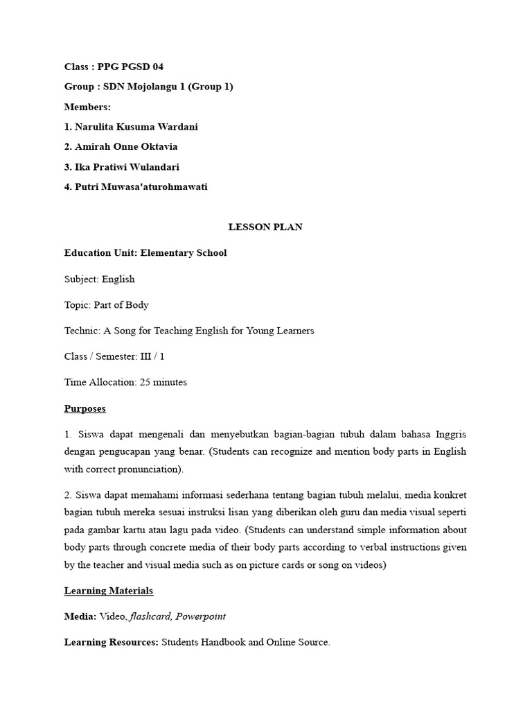 Lesson Plan - Group 1 Mojolangu | PDF | Human Communication | Learning