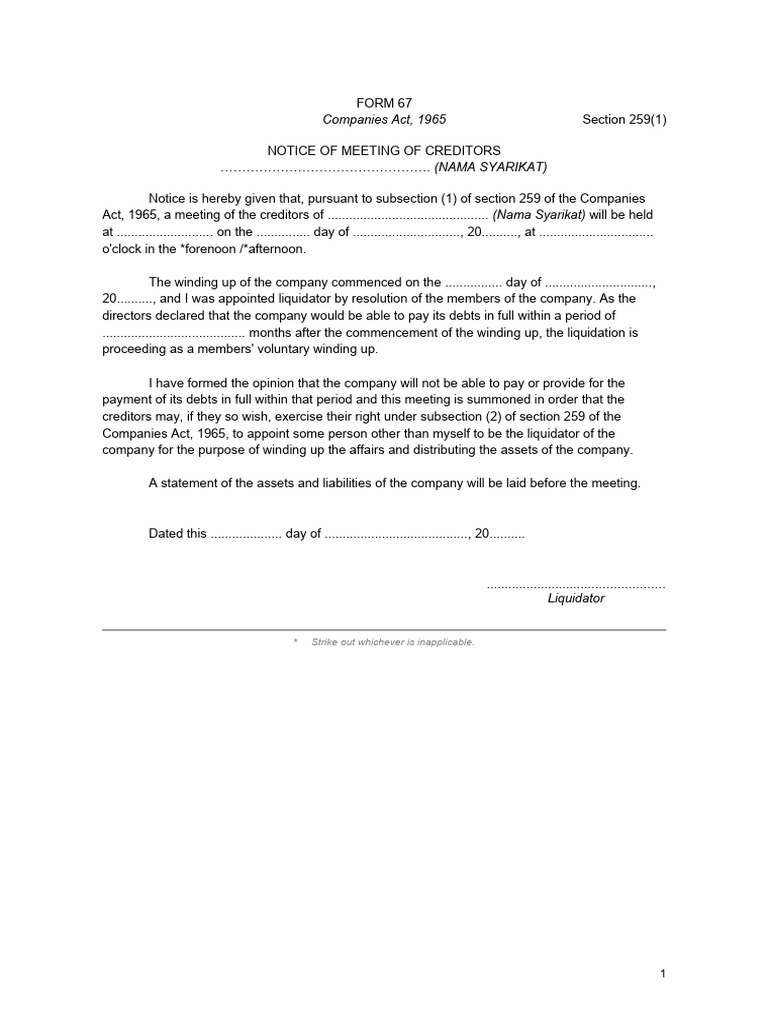 Form 67 Notice of Meeting of Creditors | PDF