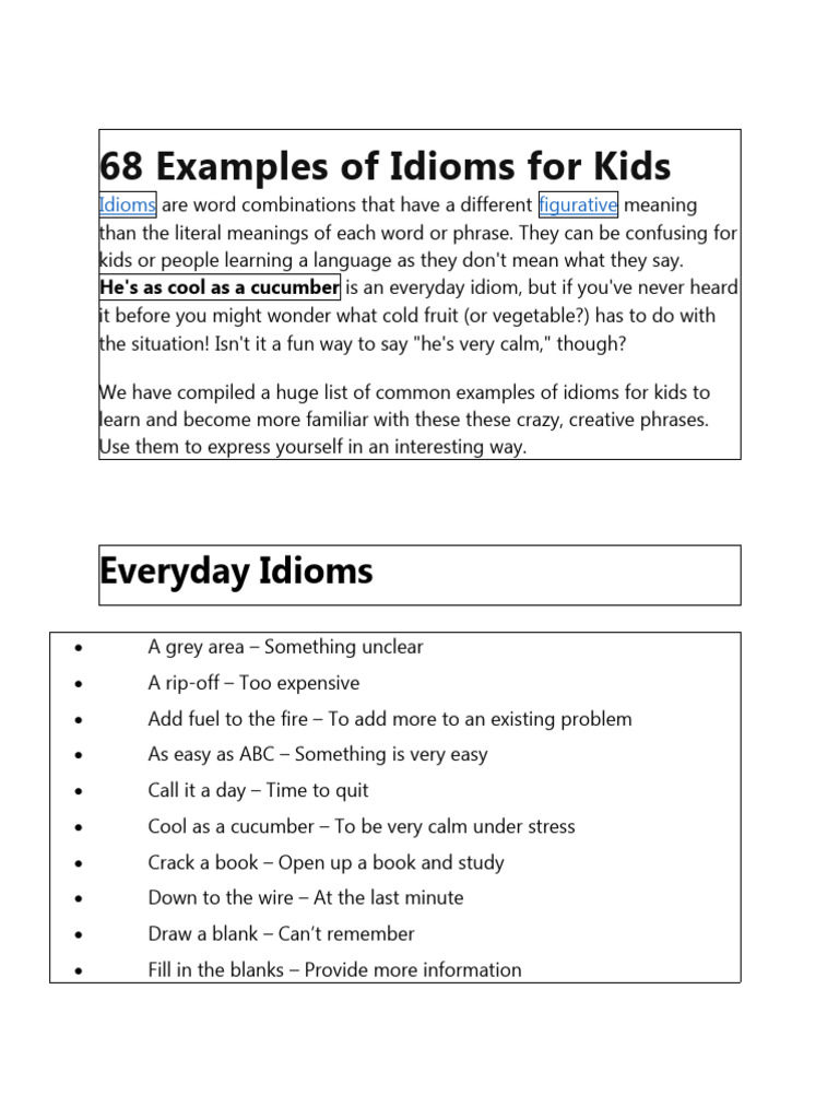 68 Fun Idioms for Kids Explained | PDF | Idiom