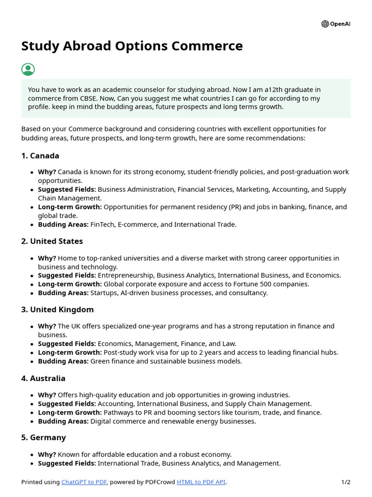 Study Abroad Options Commerce | PDF | Commerce | International Student