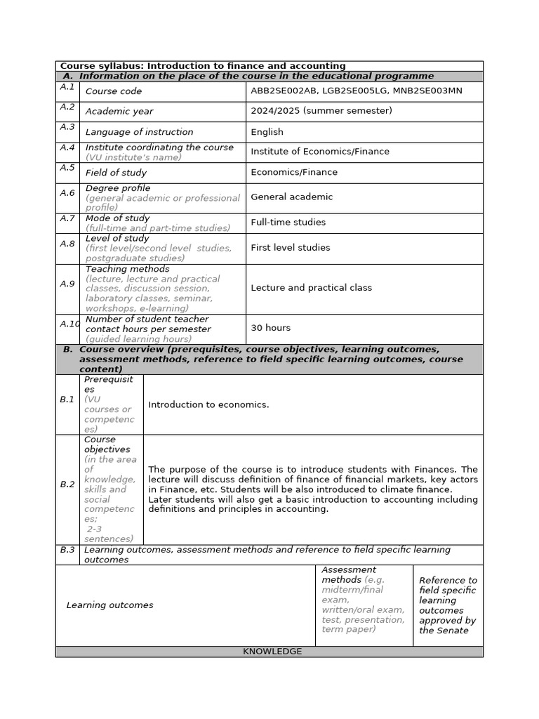 Introduction to Finance and Accounting Syllabus | PDF | Lecture ...