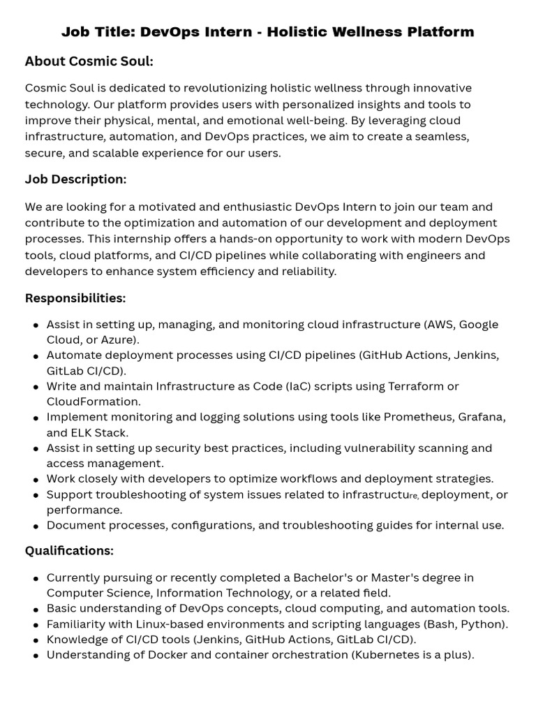 Here's A Job Description For A DevOps Intern Based On The Format Used in The Provided Document ...